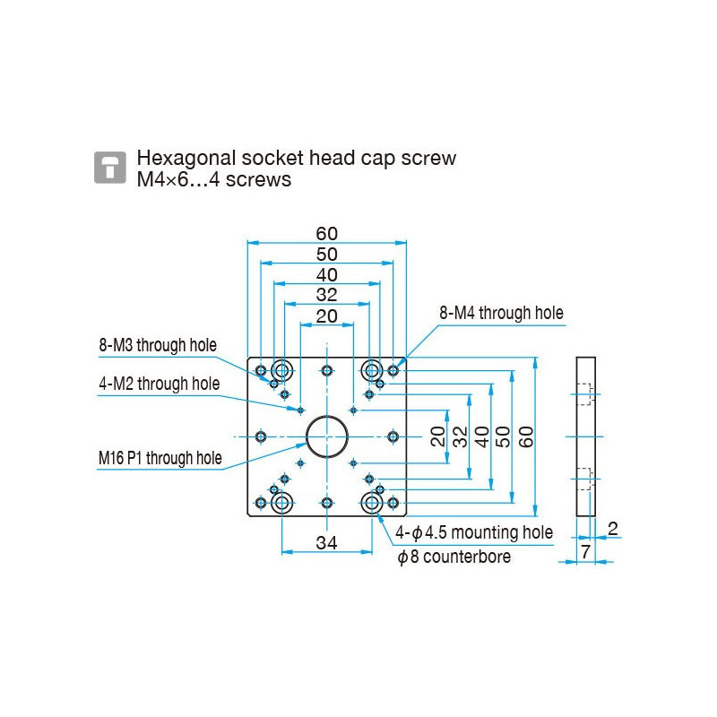 Adapter plate for magnet bases, 60x60 mm